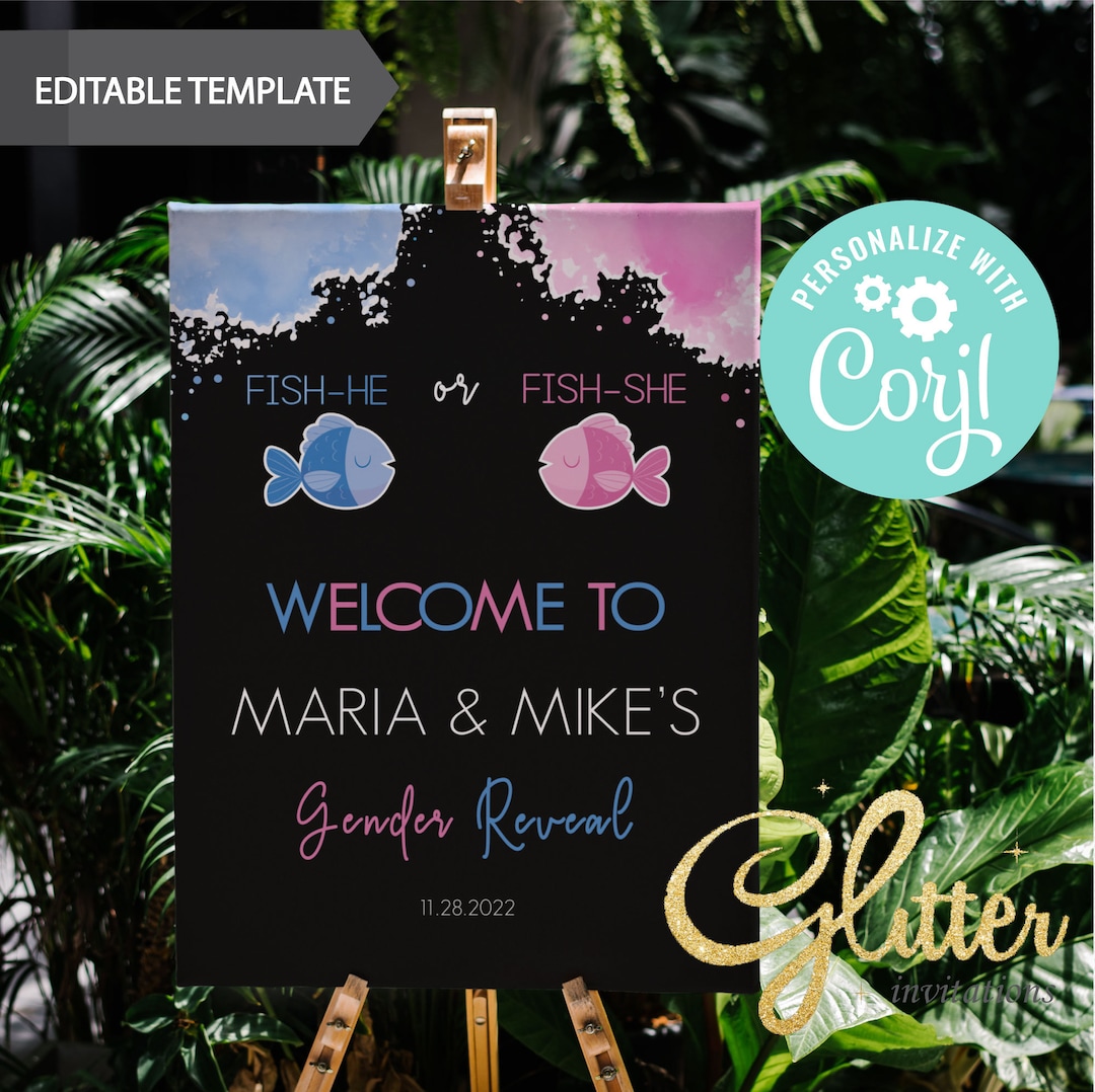 EDITABLE Fishing Theme Gender Reveal, Fish He or Fish She Gender Reveal ...