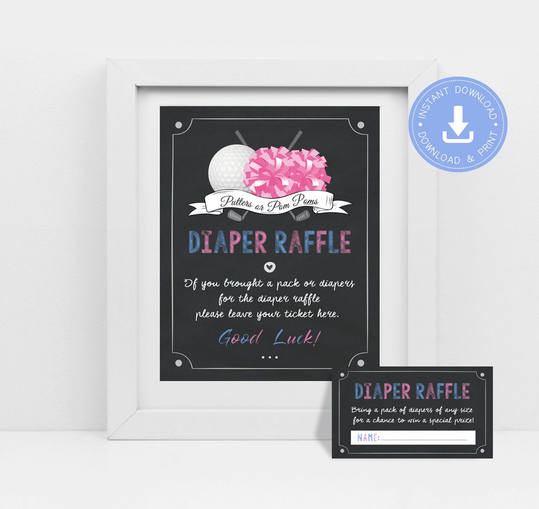 Putters or Pom Poms, Diaper Raffle Sign, Golf Theme Baby Shower, Blue ...