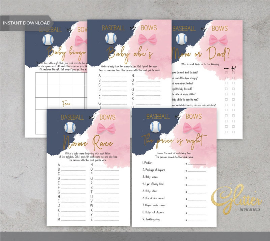 Baseball or Bows, Gender Reveal Baby Shower, Navy Blue and Pink, Baby ...