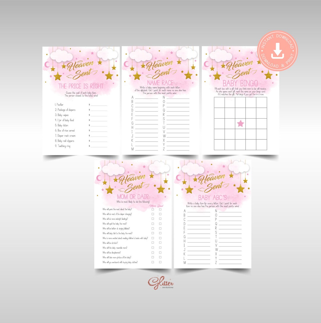 Heaven Sent Gold, Girl Baby Shower, Game Package, Baby Bingo, Baby Abc ...