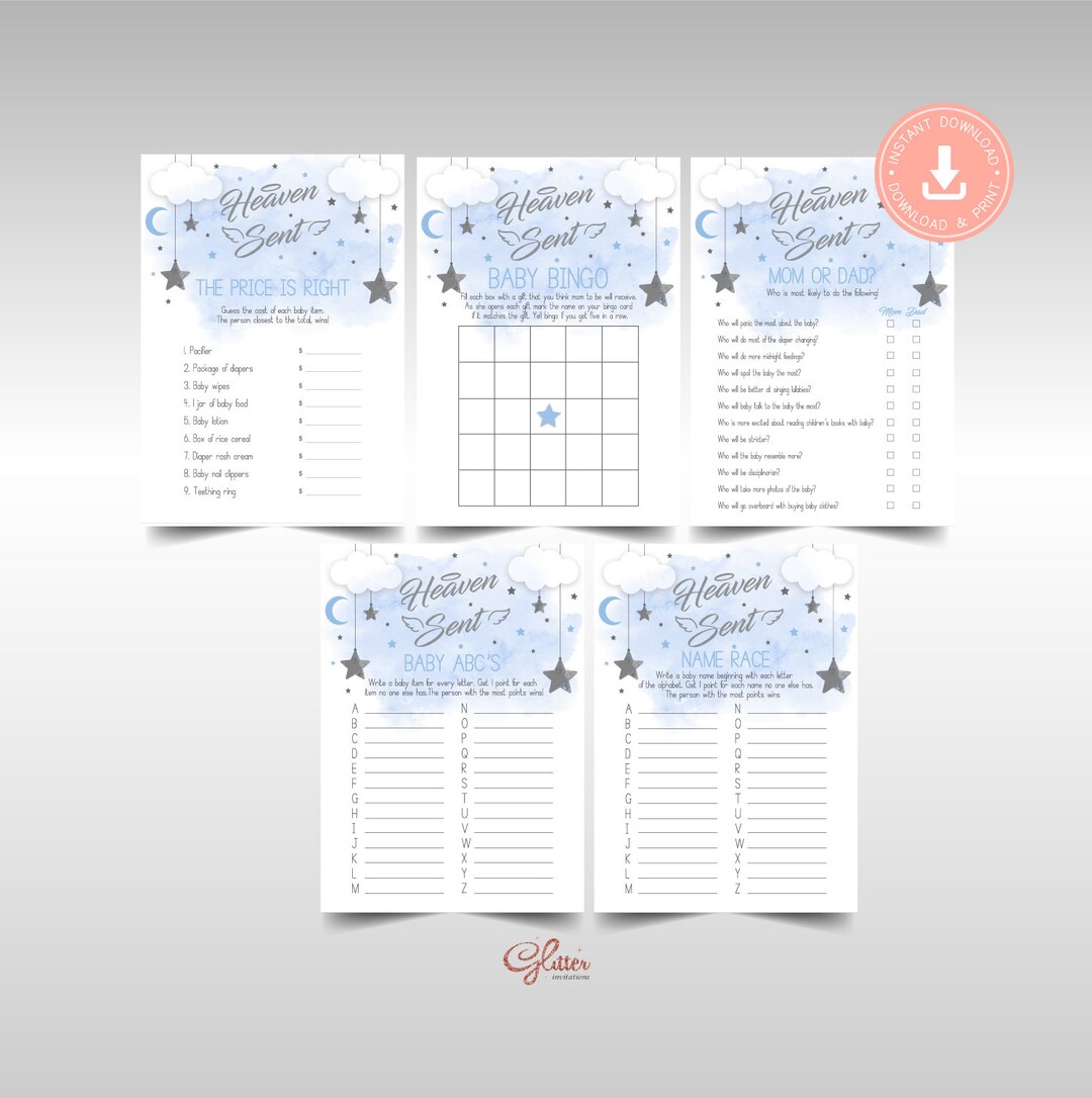 Heaven Sent Silver, Boy Baby Shower, Game Package, Baby Bingo, Baby Abc ...