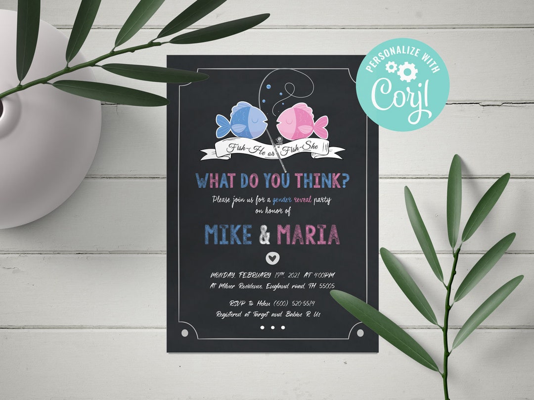EDITABLE Fishing Theme Gender Reveal Invitation, Fish He or Fish She ...
