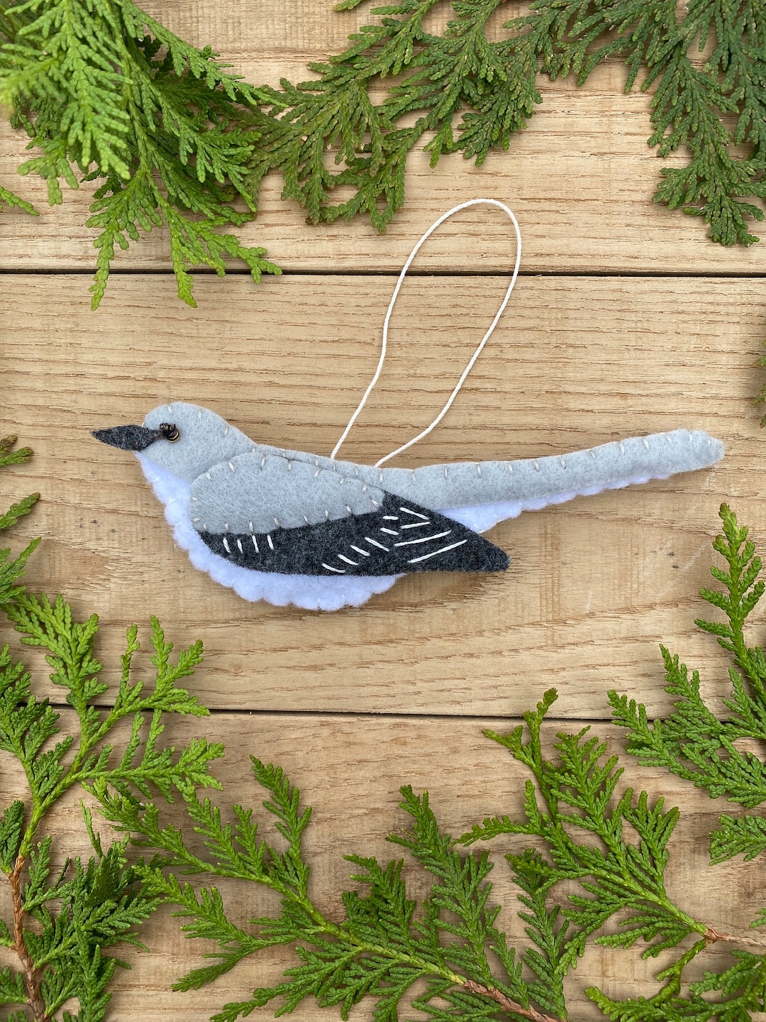 Mockingbird Handmade Christmas Ornament Felt 5.75” Felt Ornament Bird Lover Bird Watcher Forest ...