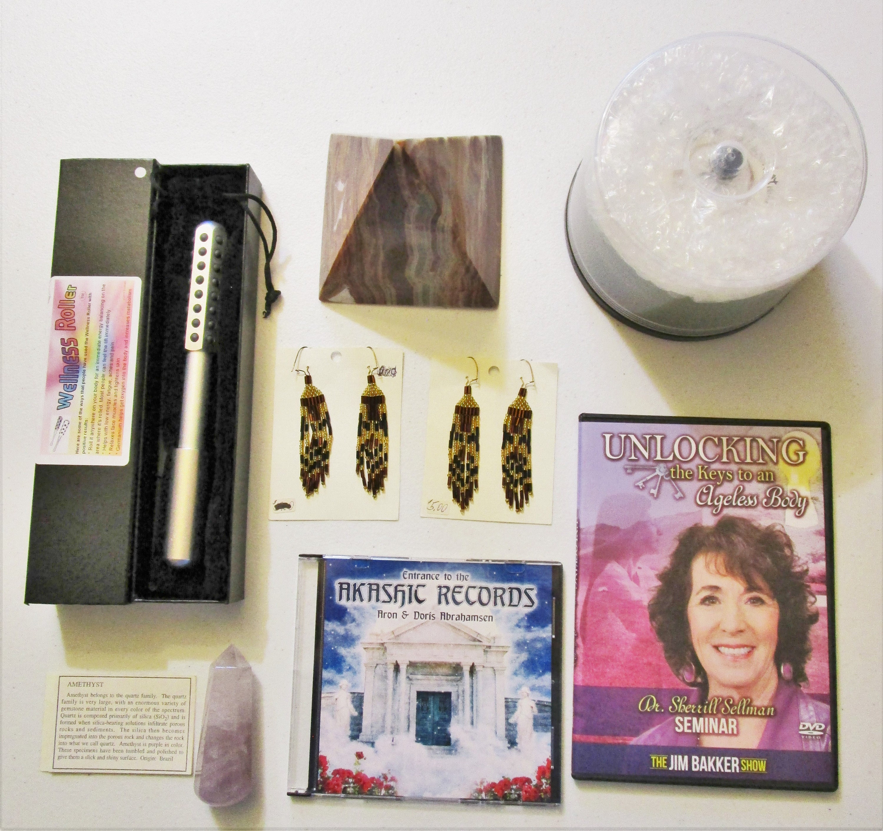 Assorted Self-help Items: Stone PYRAMID, Amethyst Tower, Meditation Cds ...
