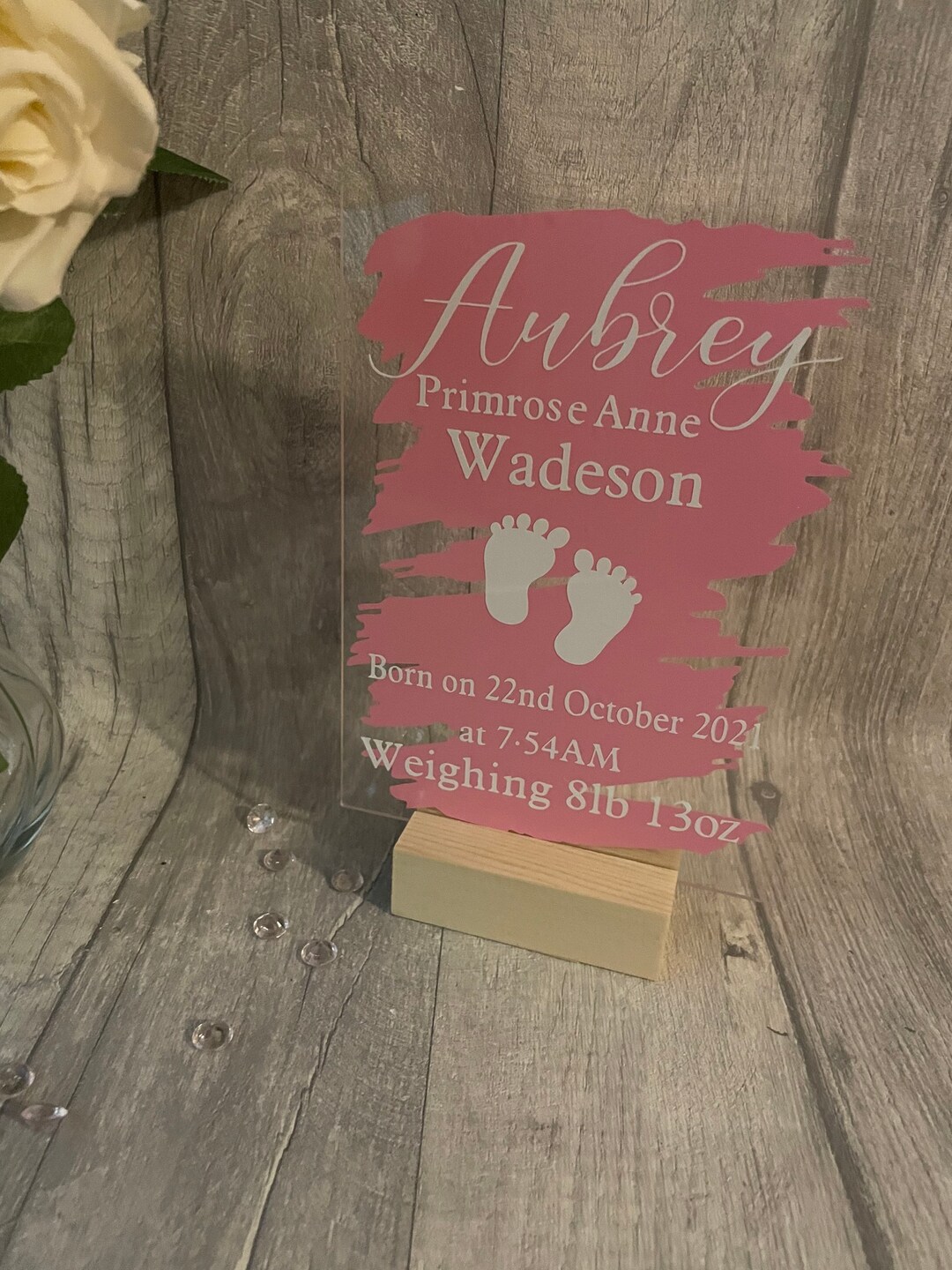 Personalised New Baby Gift, Acrylic Standing Sign With Wooden Block ...