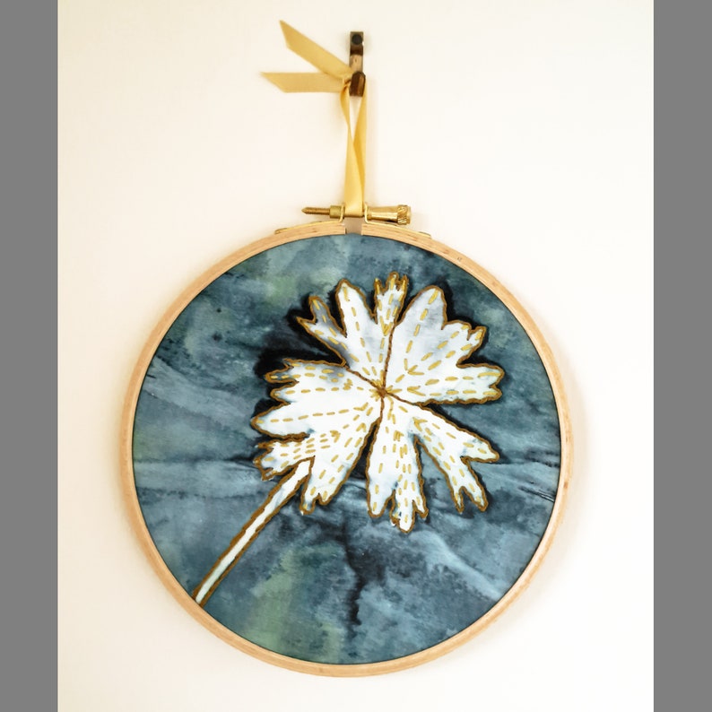 Original Botanical Wet Cyanotype on Fabric of a Leaf Embroidered by ...