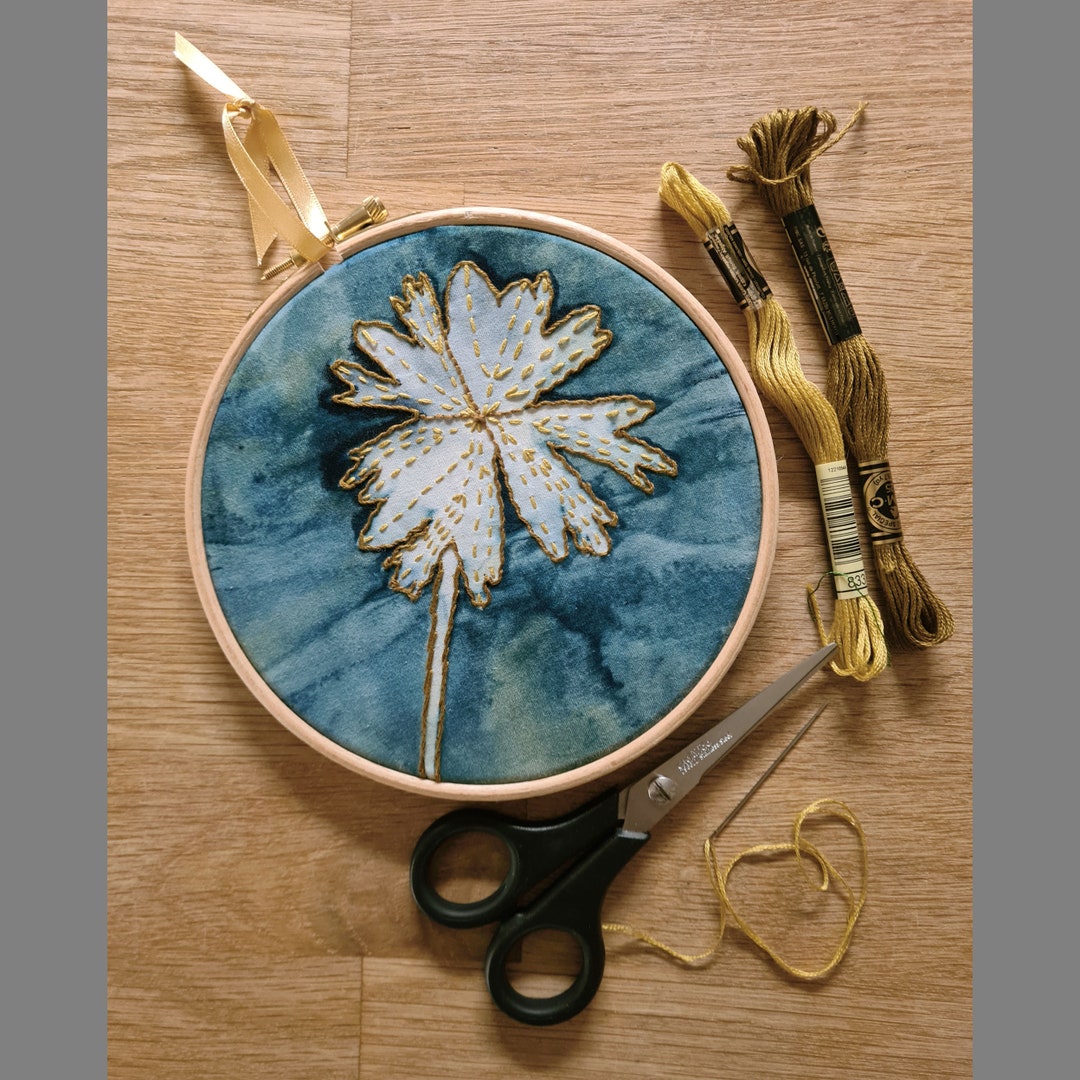 Original Botanical Wet Cyanotype on Fabric of a Leaf Embroidered by ...