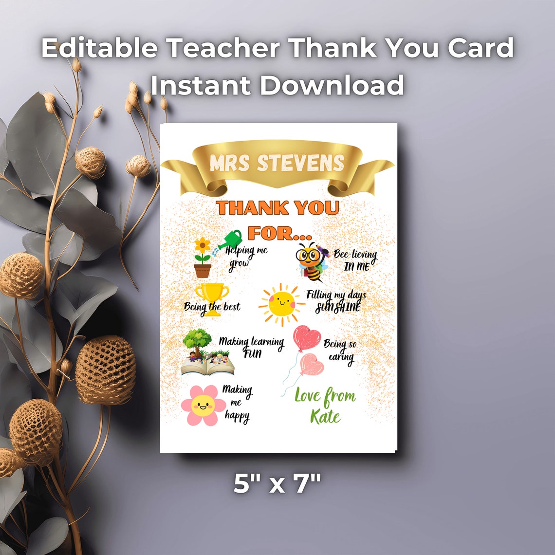 Editable Teacher Thank You Card Instant Download - Etsy