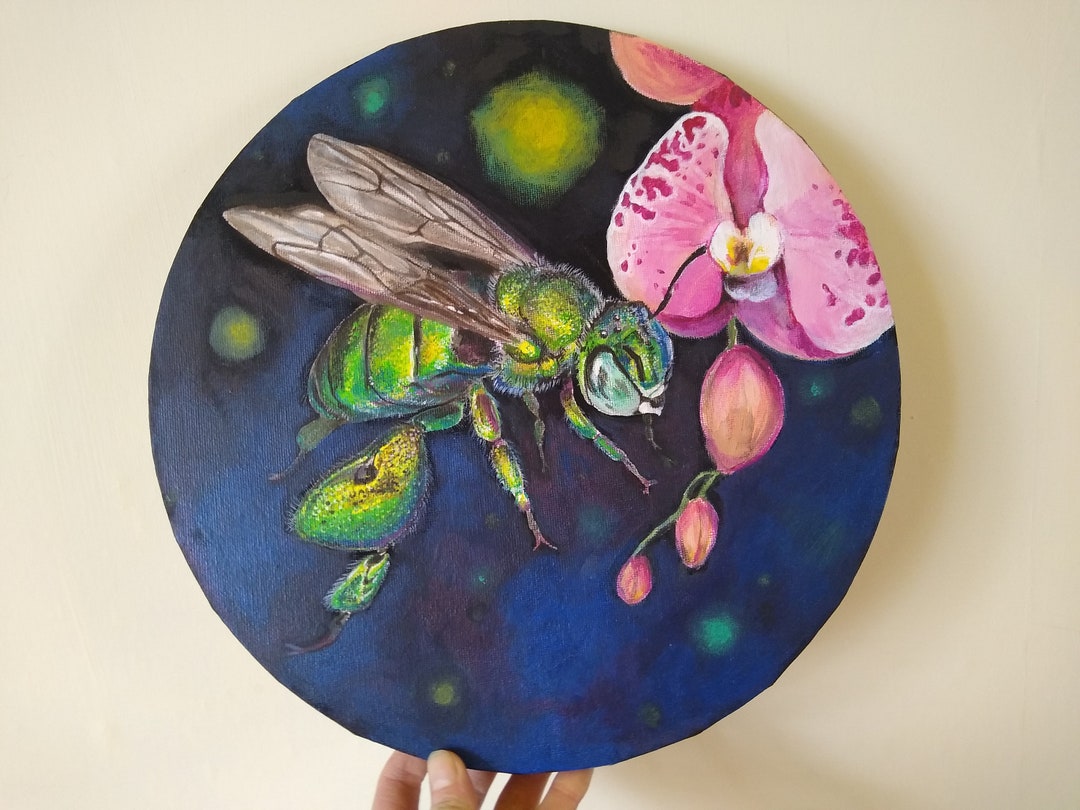 Euglossa Dilemma Blossom Encounter. Round Painted Orchid Bee Canvas ...