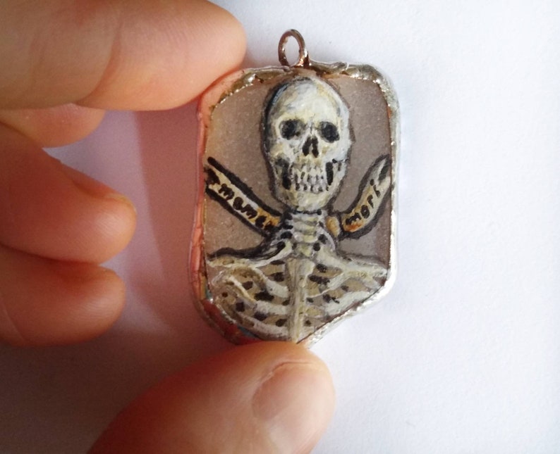 Miniature Painting on a Sea Glass Skull Pendant. Human Skull | Etsy