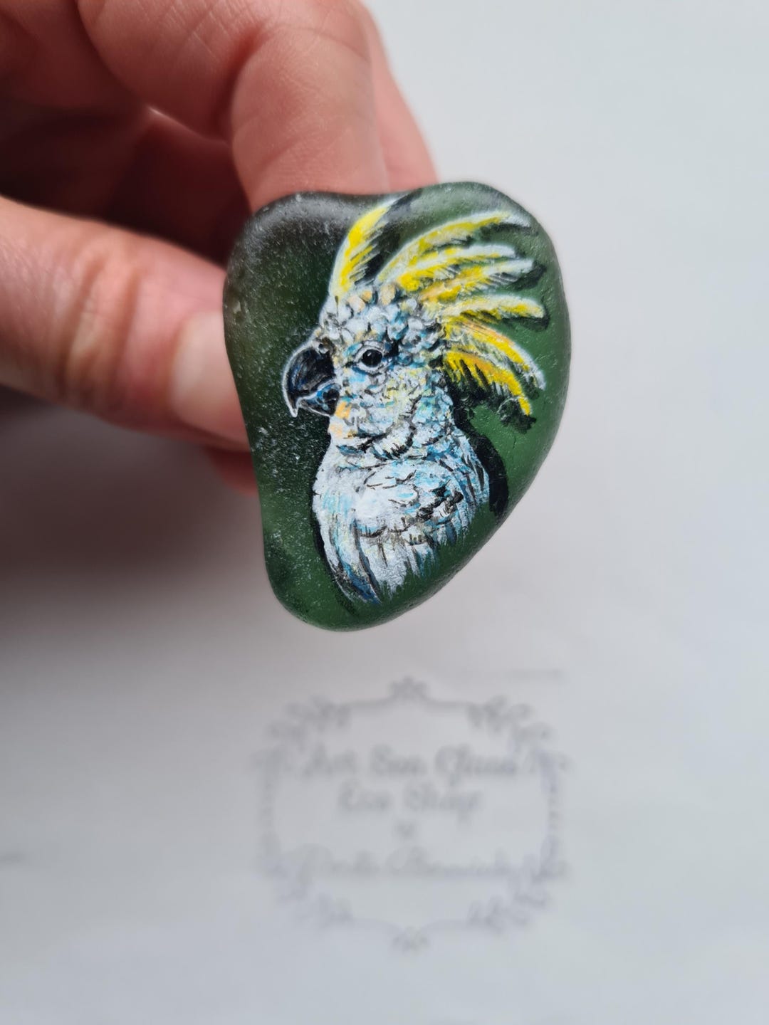 Painted Sea Glass Miniature Cockatoo Art .hand Painted Crow. Parrot ...