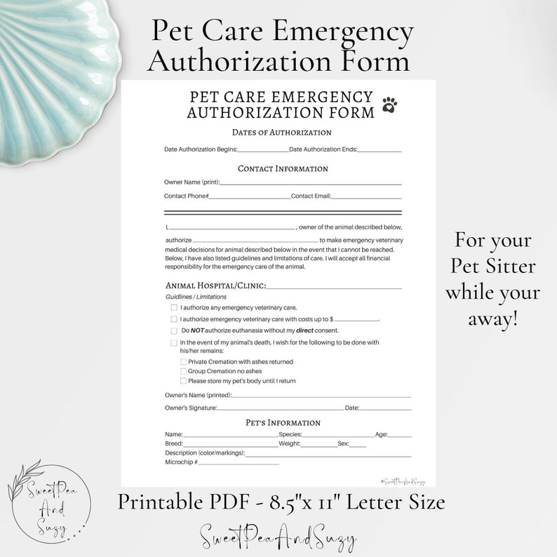 Pet Care Emergency Authorization Form, Pet Care, Pet Sitter, House ...