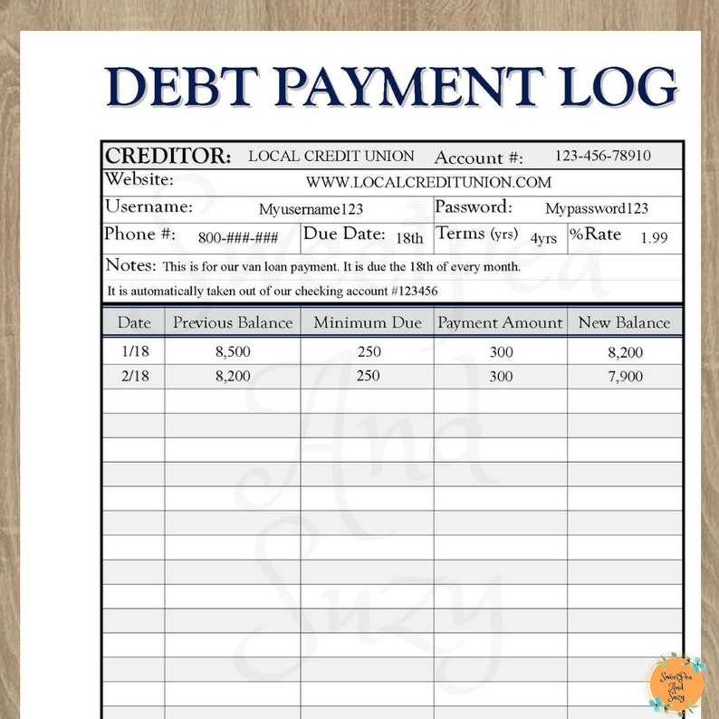 Debt Payment Log fillable by Typing or Writing | Etsy