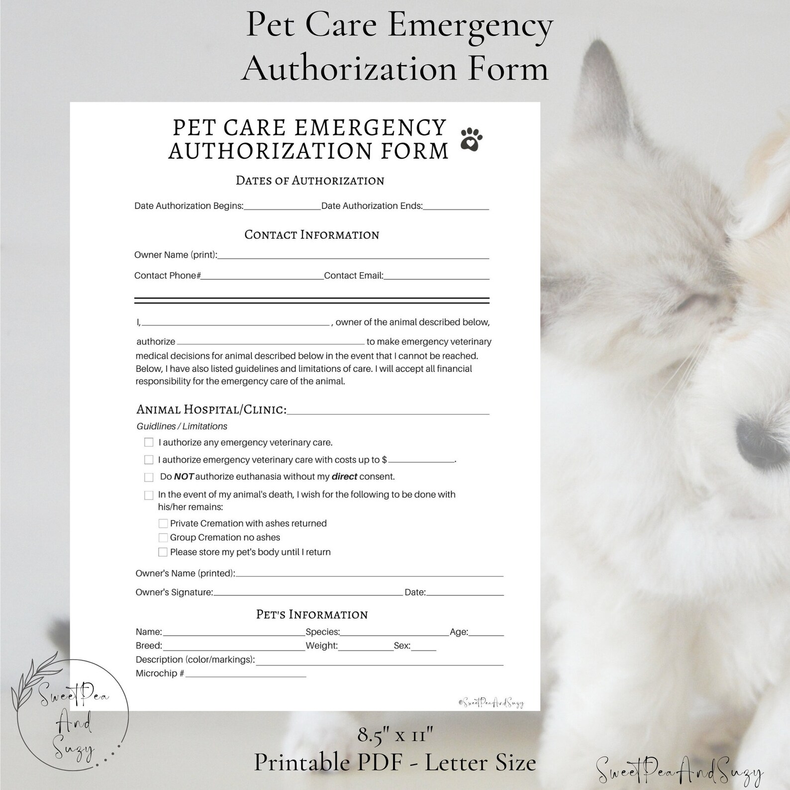 Pet Care Emergency Authorization Form, Pet Care, Pet Sitter, House ...