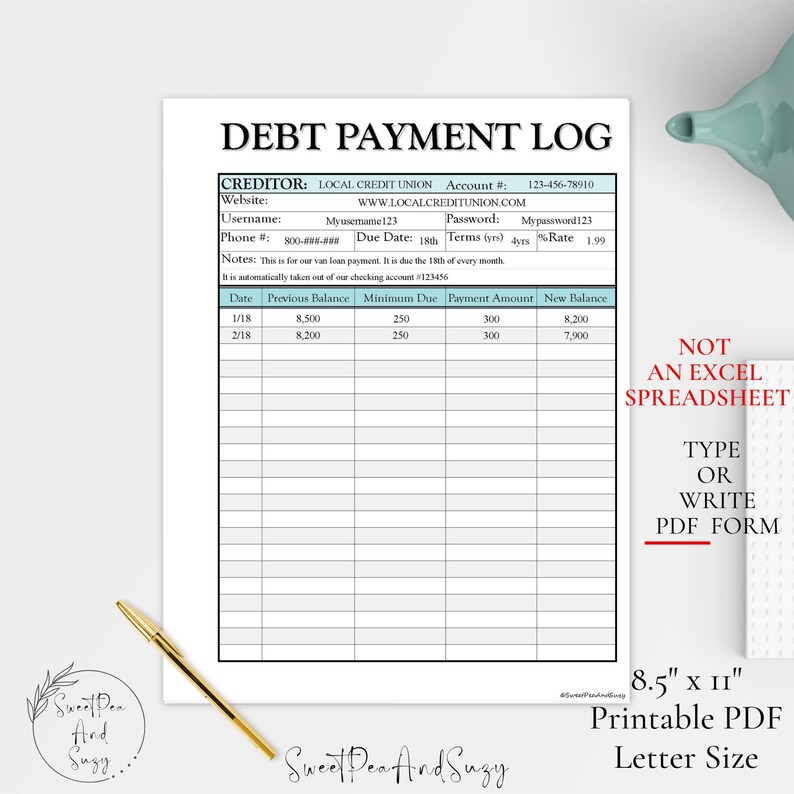 Debt Payment Log, Debt Tracker, Debt Snow Ball, Easy to Fill on ...