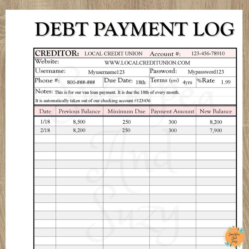 Debt Payment Log Debt Tracker Debt Snow Ball Type or | Etsy