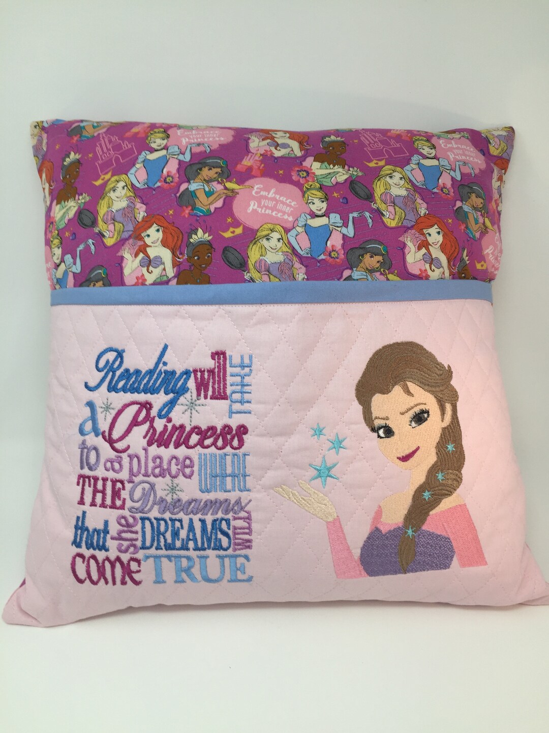 Brunette, Pink, Disney like Princess, Embroidered reading pillow ...