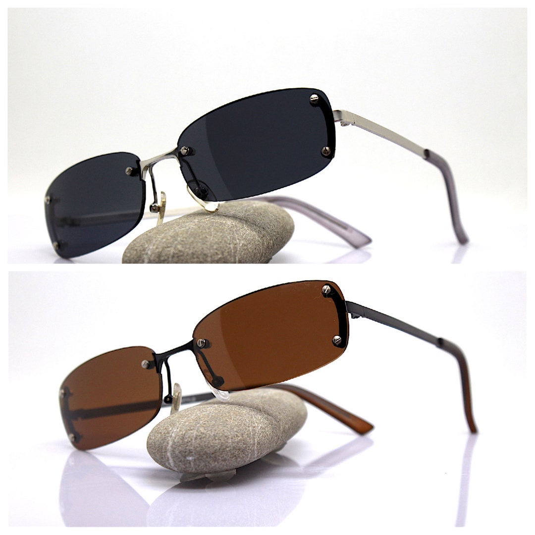 Rectangular Small Rimless Sunglasses Man Woman Silver Black Metal Frame ...