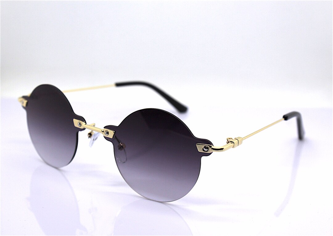 Rimless Round Sunglasses Man Woman Gold Metal Frame Black - Etsy