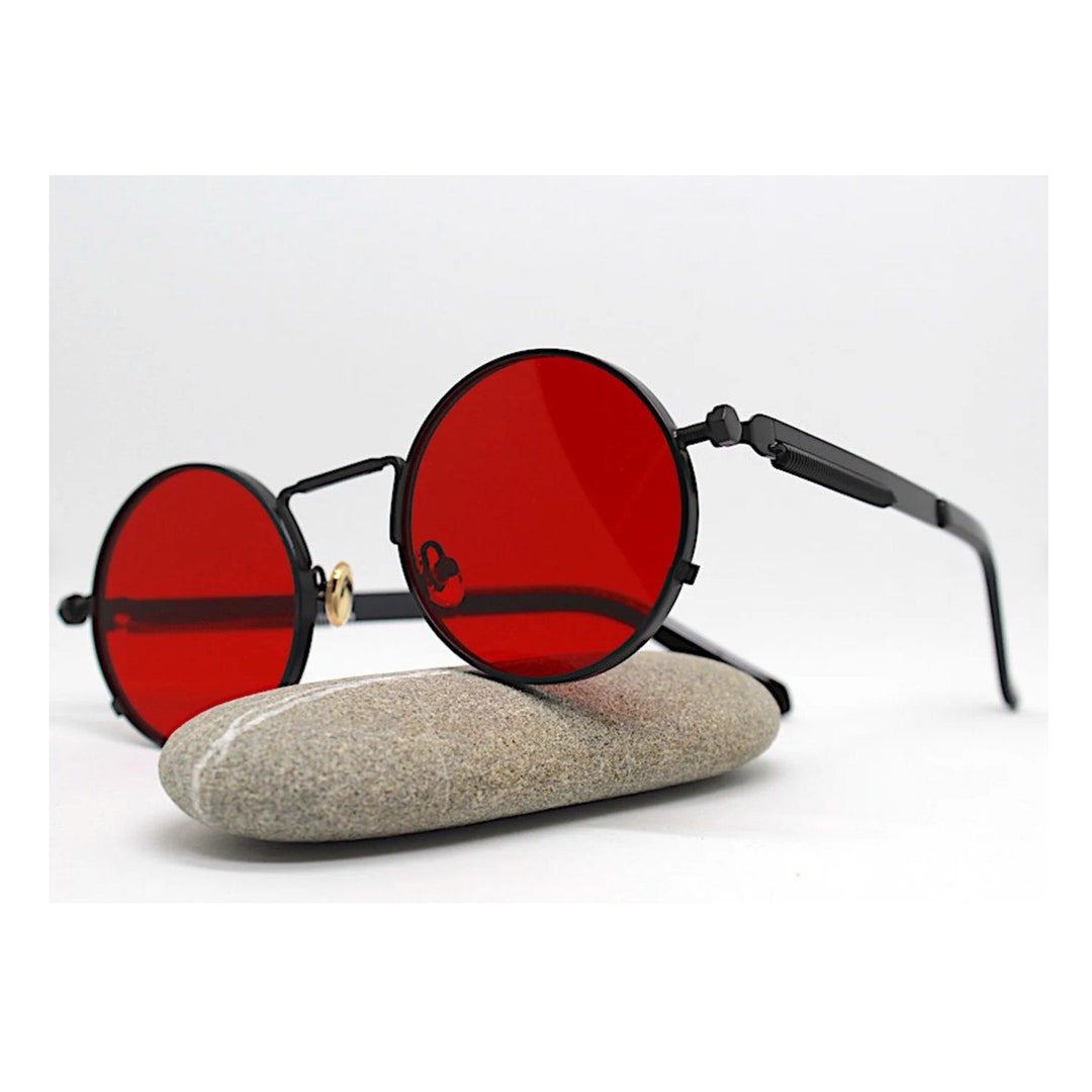 Round Sunglasses Man Woman Black Gold Red Lens Steampunk Vampire Gothic ...
