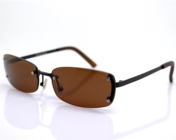 Rectangular Small Rimless Sunglasses Man Woman Silver Black Metal Frame ...