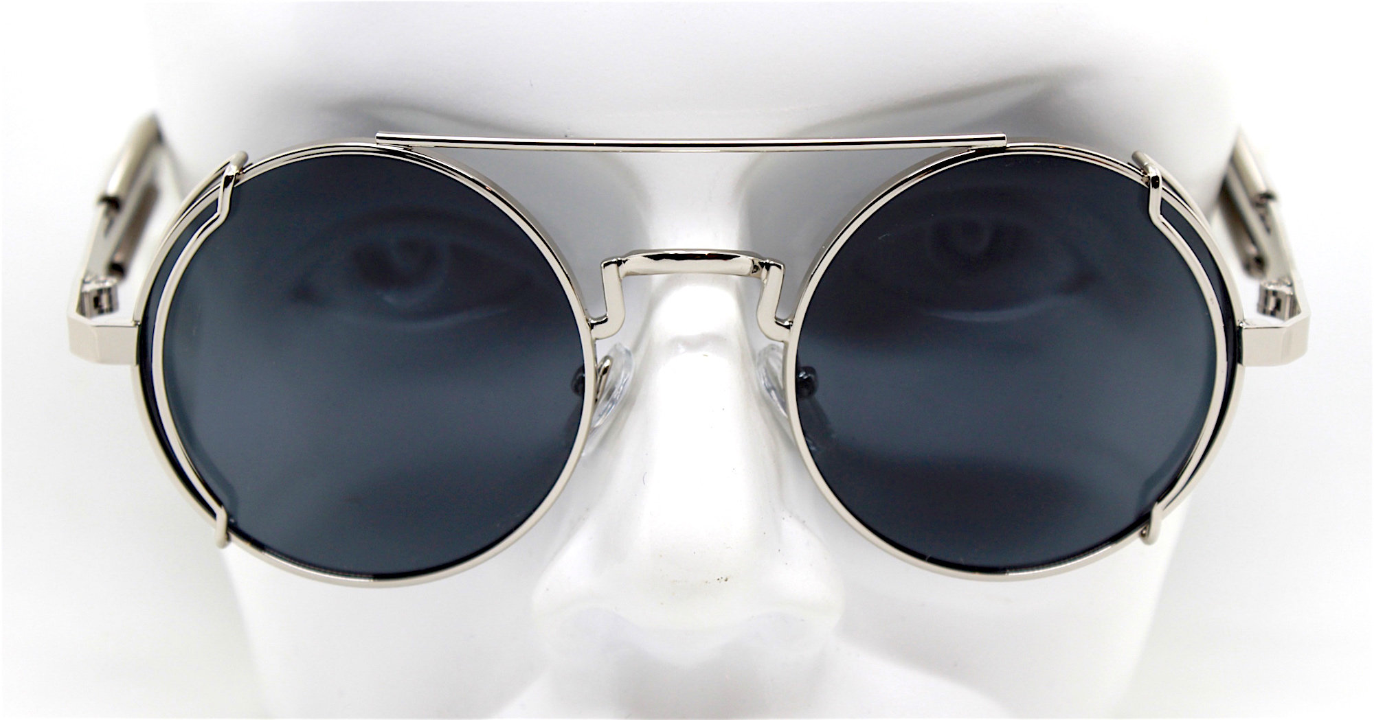 Round Sunglasses man woman aviator pilot silver metal frame black lens ...