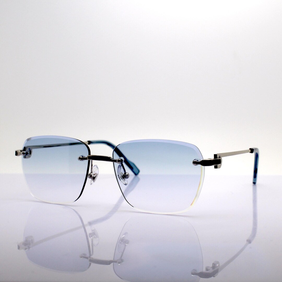 RIMLESS SQUARE SUNGLASSES Clear Soft Gradient Blue Azure Lenses Silver ...
