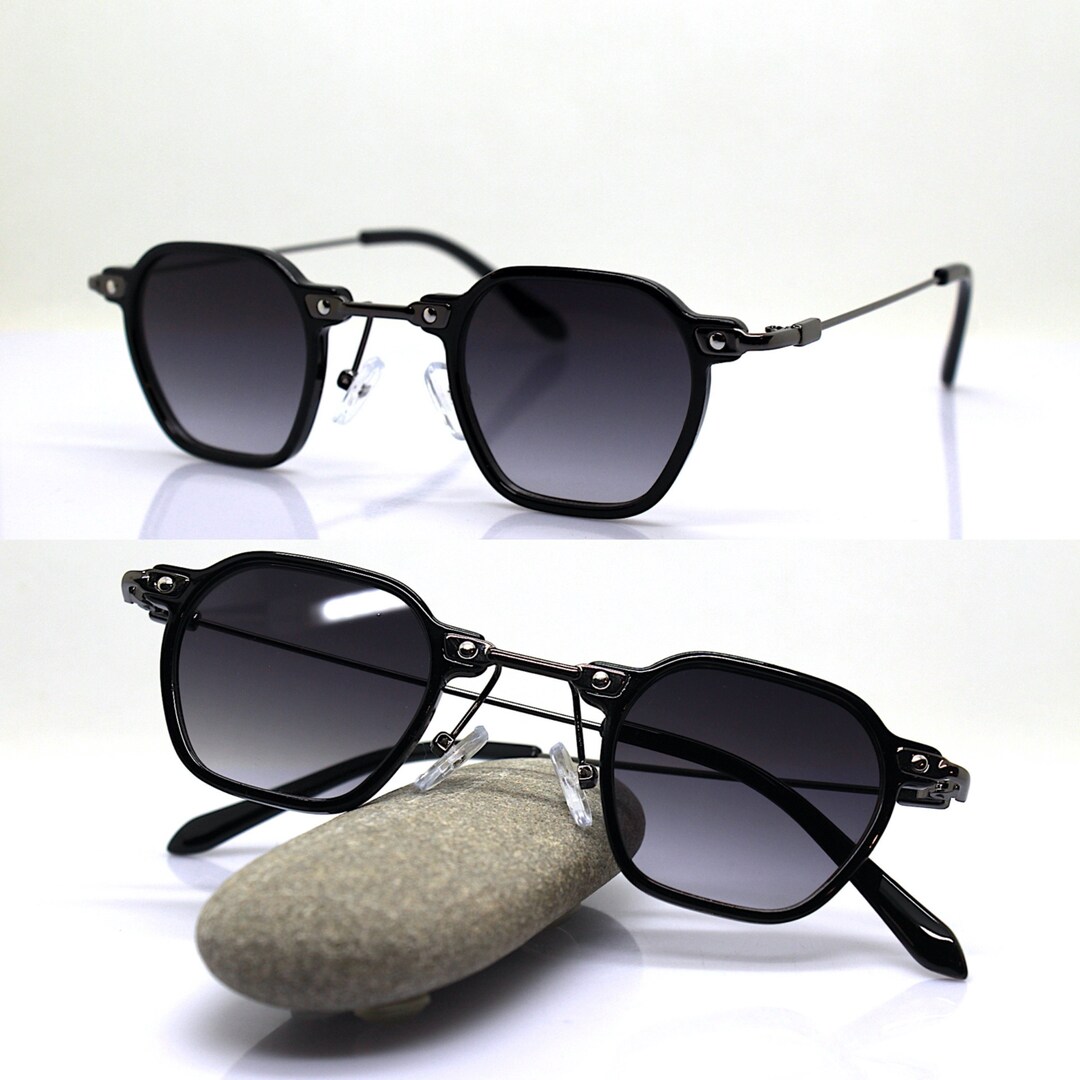 Small Squared Octagonal Sunglasses Man Woman Black Frame Gunmetal Rod ...