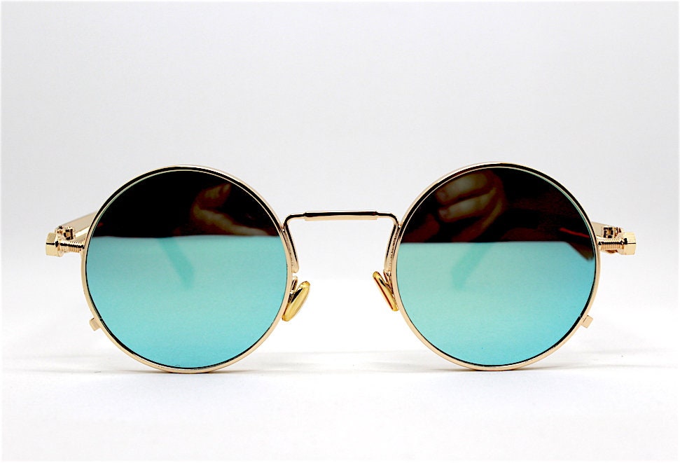 Round Sunglasses Man Woman Metal Gold Frame Mirror Blue Azure - Etsy