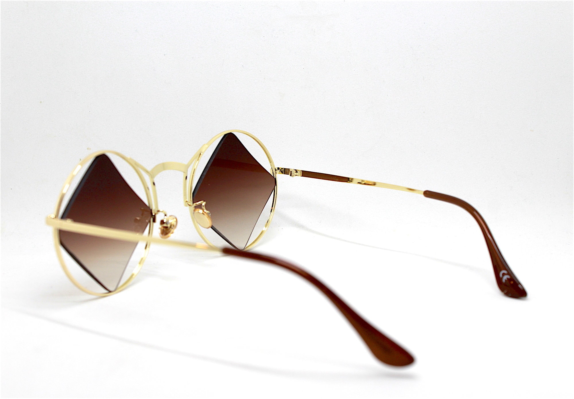 Big round Sunglasses woman rhombus diamond gold frame brown gradient ...