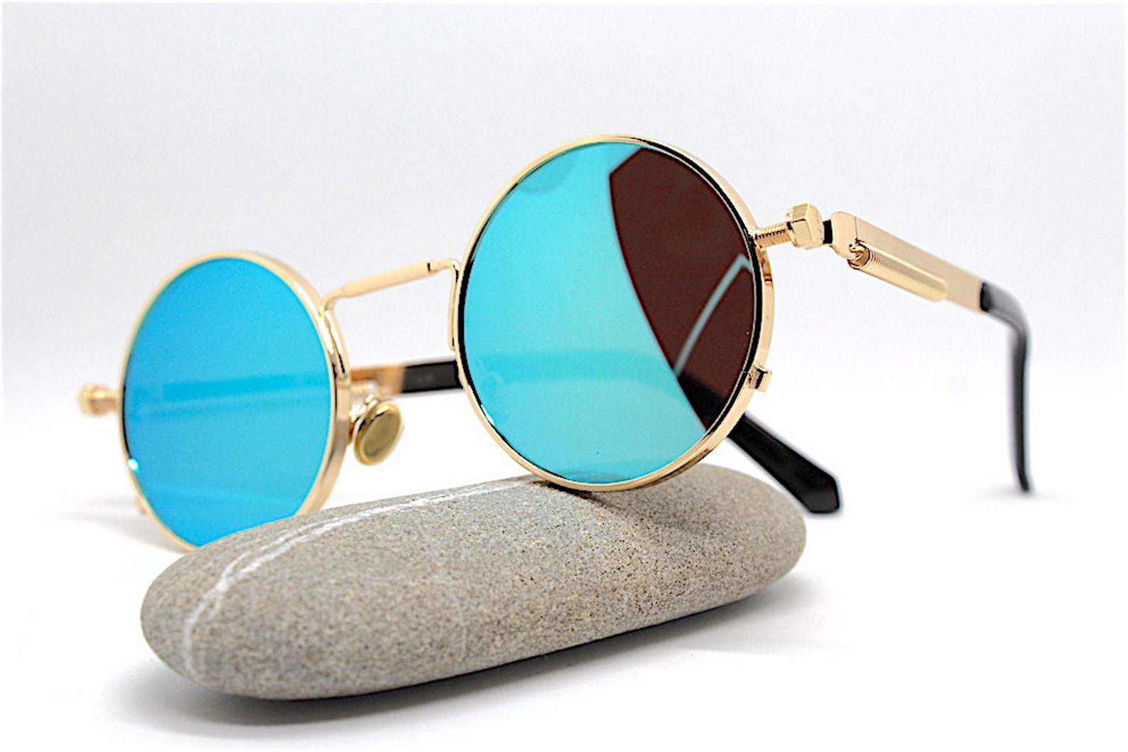 Round Sunglasses Man Woman Metal Gold Frame Mirror Blue Azure - Etsy