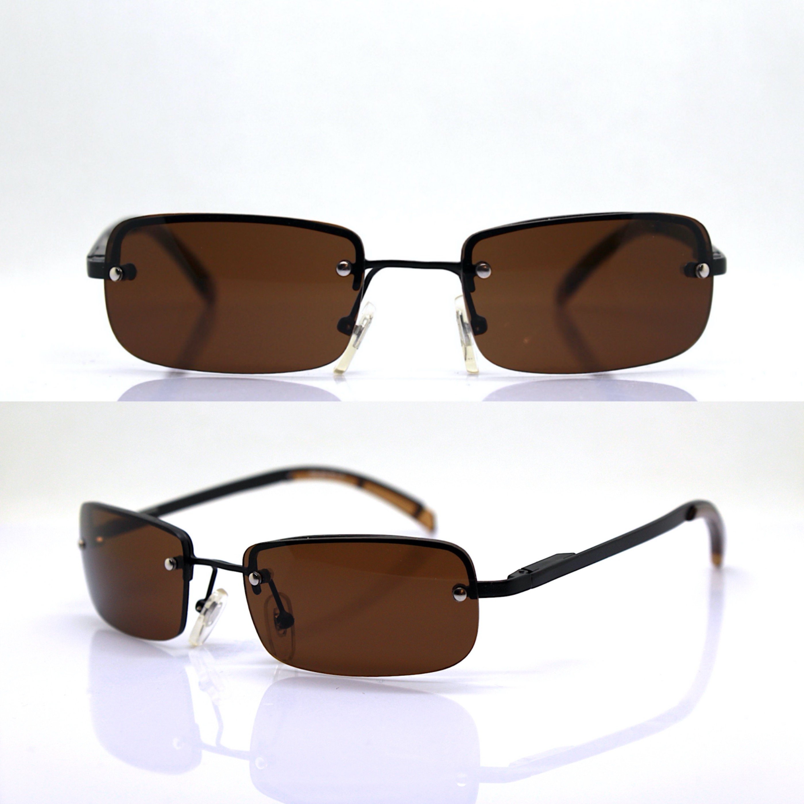 Low rectangular semi-rimless sunglasses man woman black metal frame ...