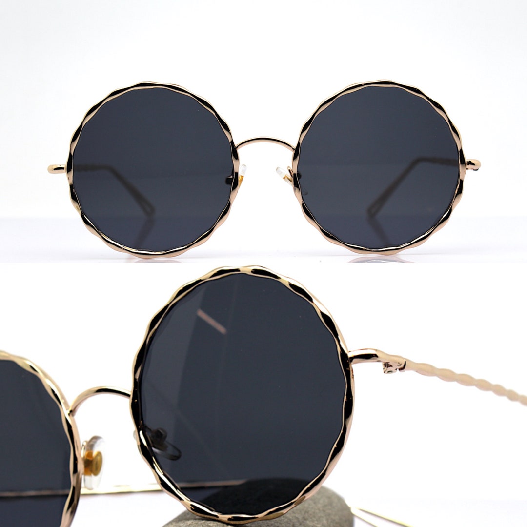 Oversize Big Round Sunglasses Woman Gold Metal Frame Black Lens Vintage ...