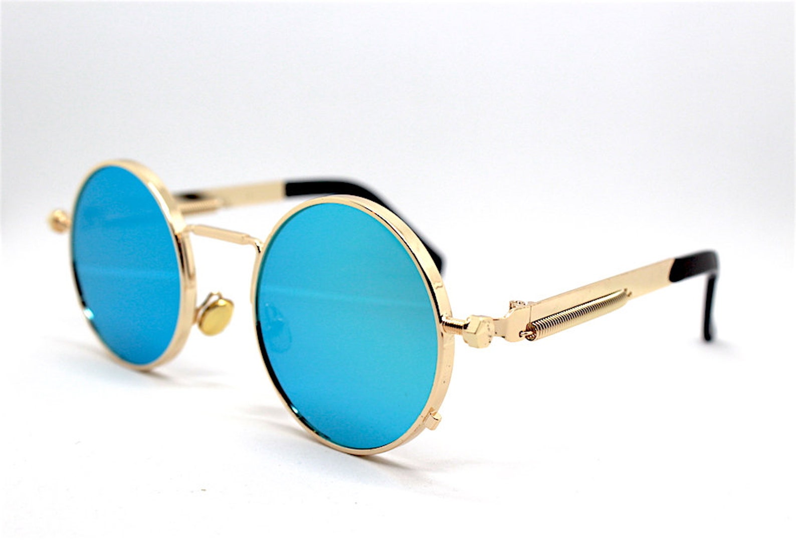 Round Sunglasses Man Woman Metal Gold Frame Mirror Blue Azure - Etsy