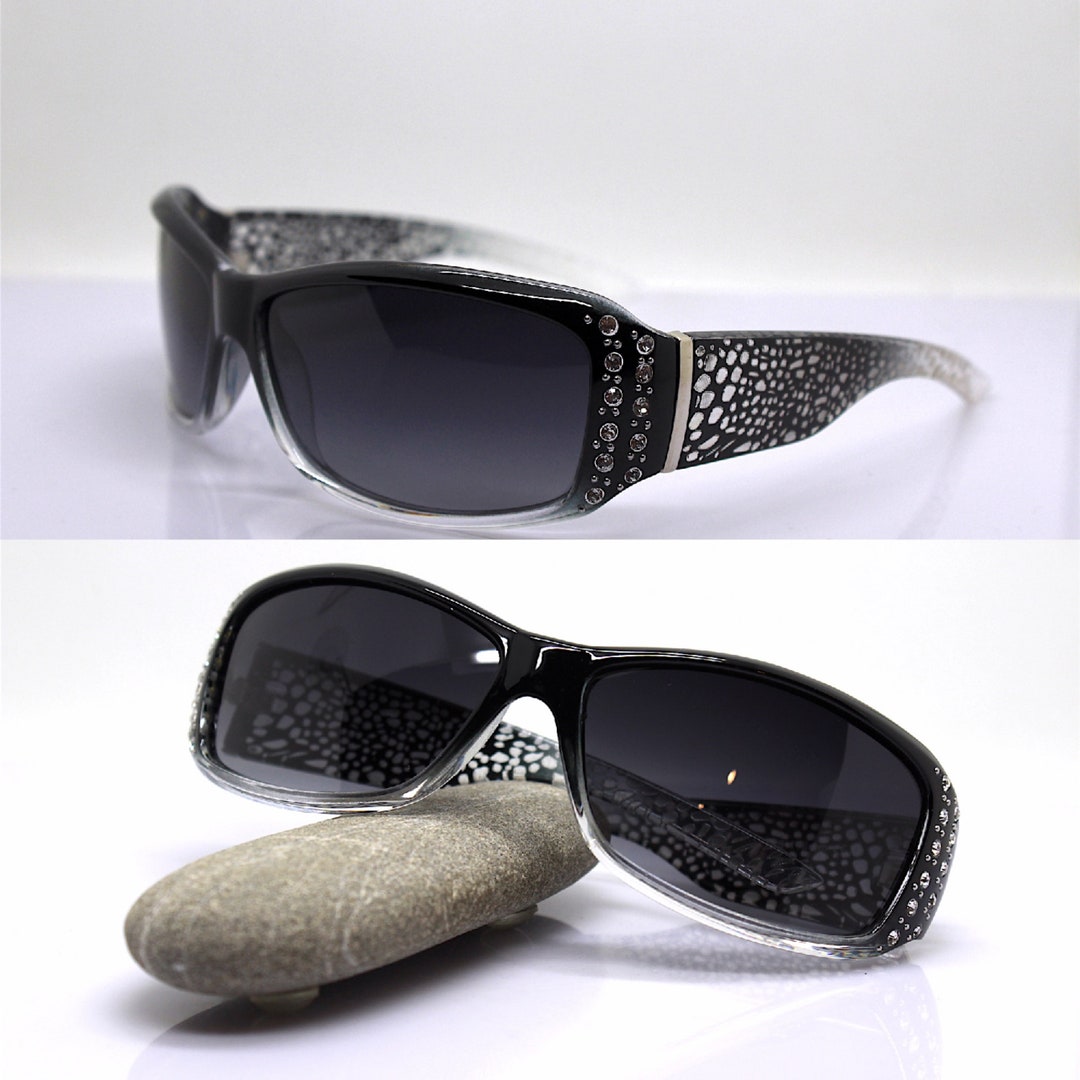 Rectangular Wrap Sunglasses Woman Shaded Black Transparent Frame With ...