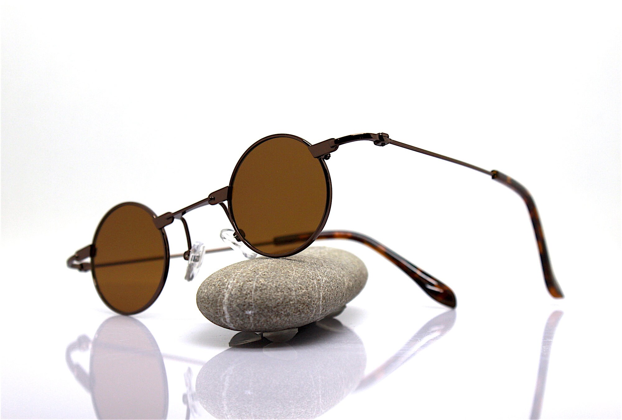 Small Round sunglasses man woman bronze metal frame brown lens Vampire ...