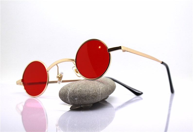 Small Round Sunglasses Man Woman Gold Frame Red Lens Steampunk | Etsy