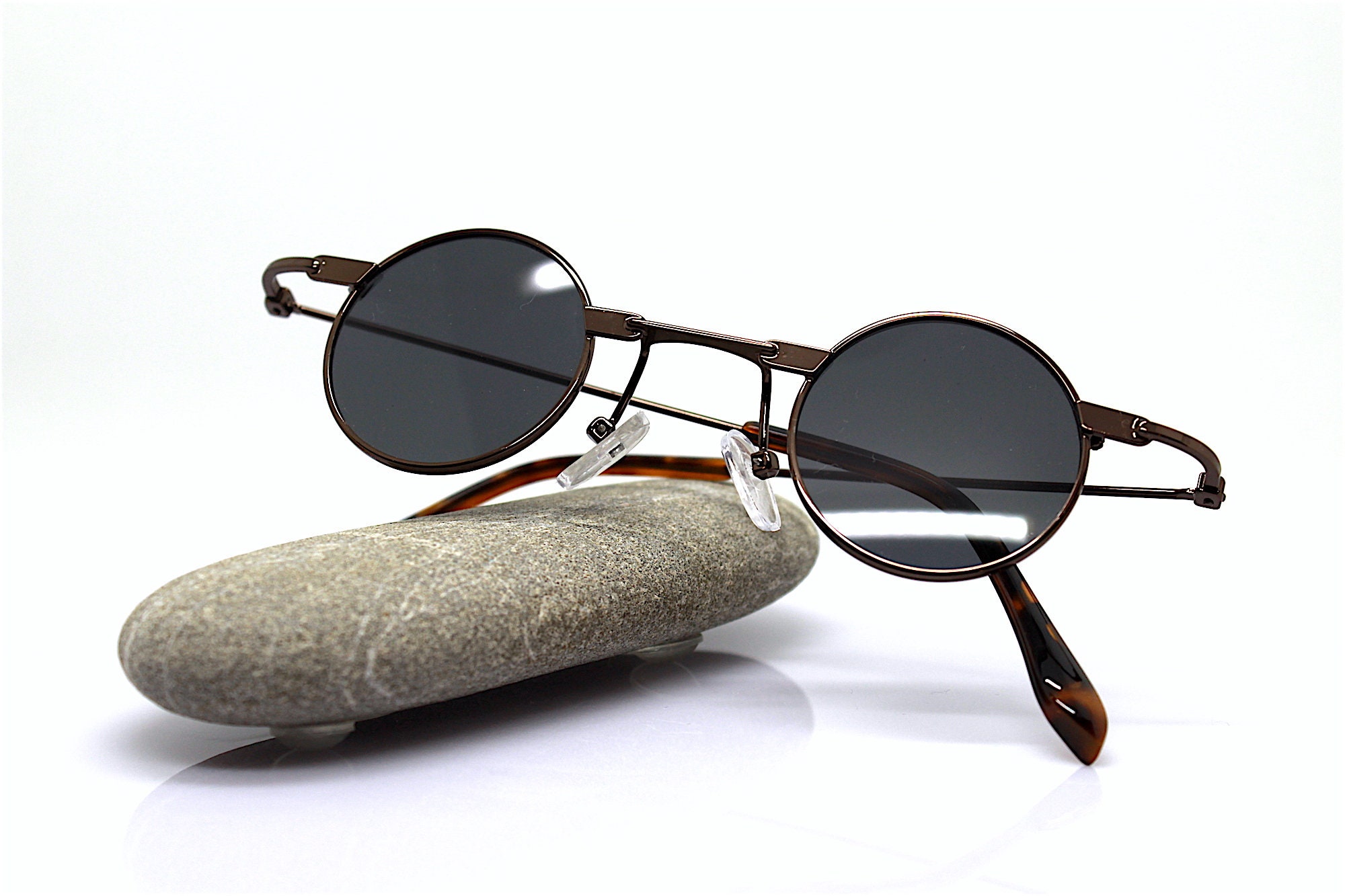 Small Round sunglasses man woman bronze copper frame black lens Vampire ...