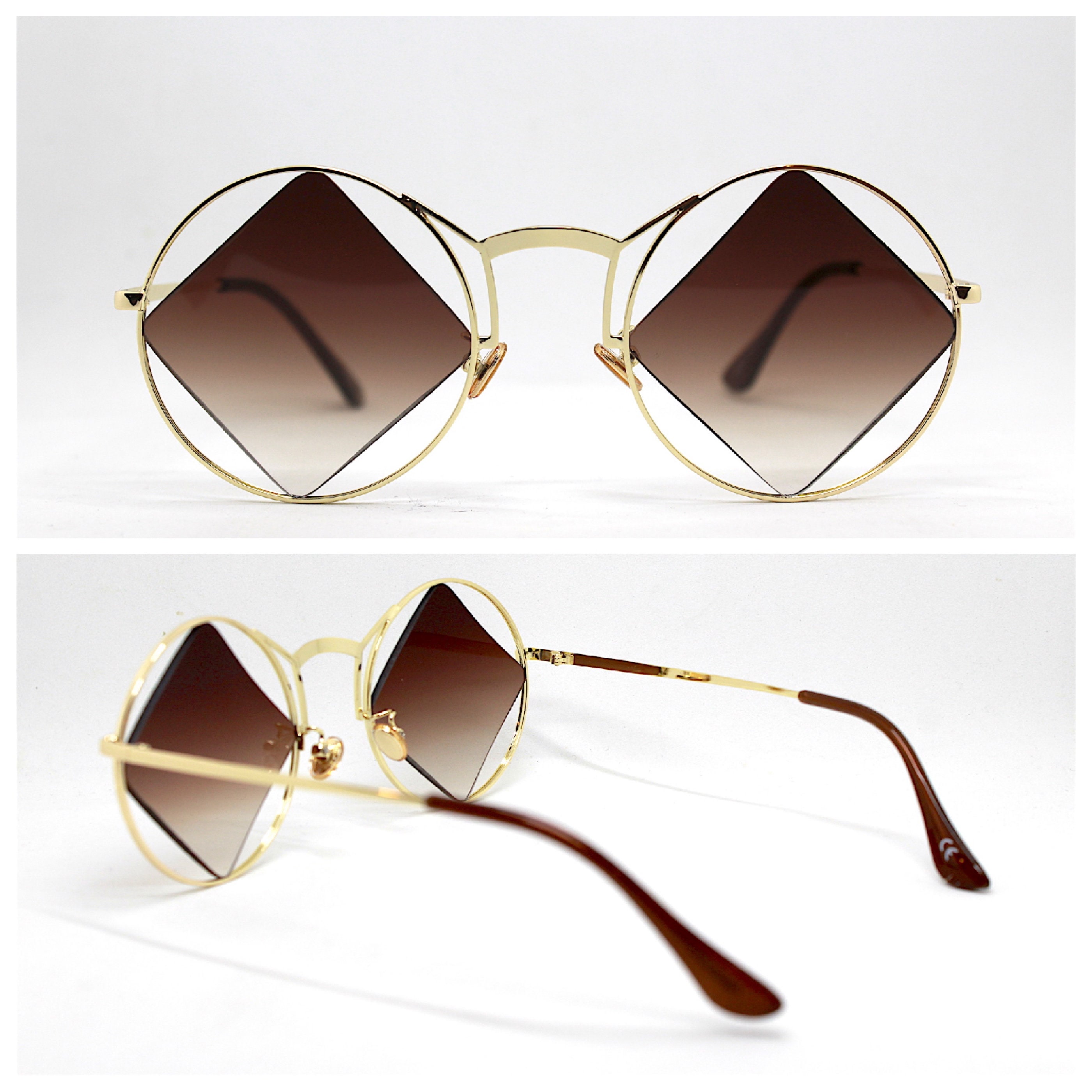 Big round Sunglasses woman rhombus diamond gold frame brown gradient ...