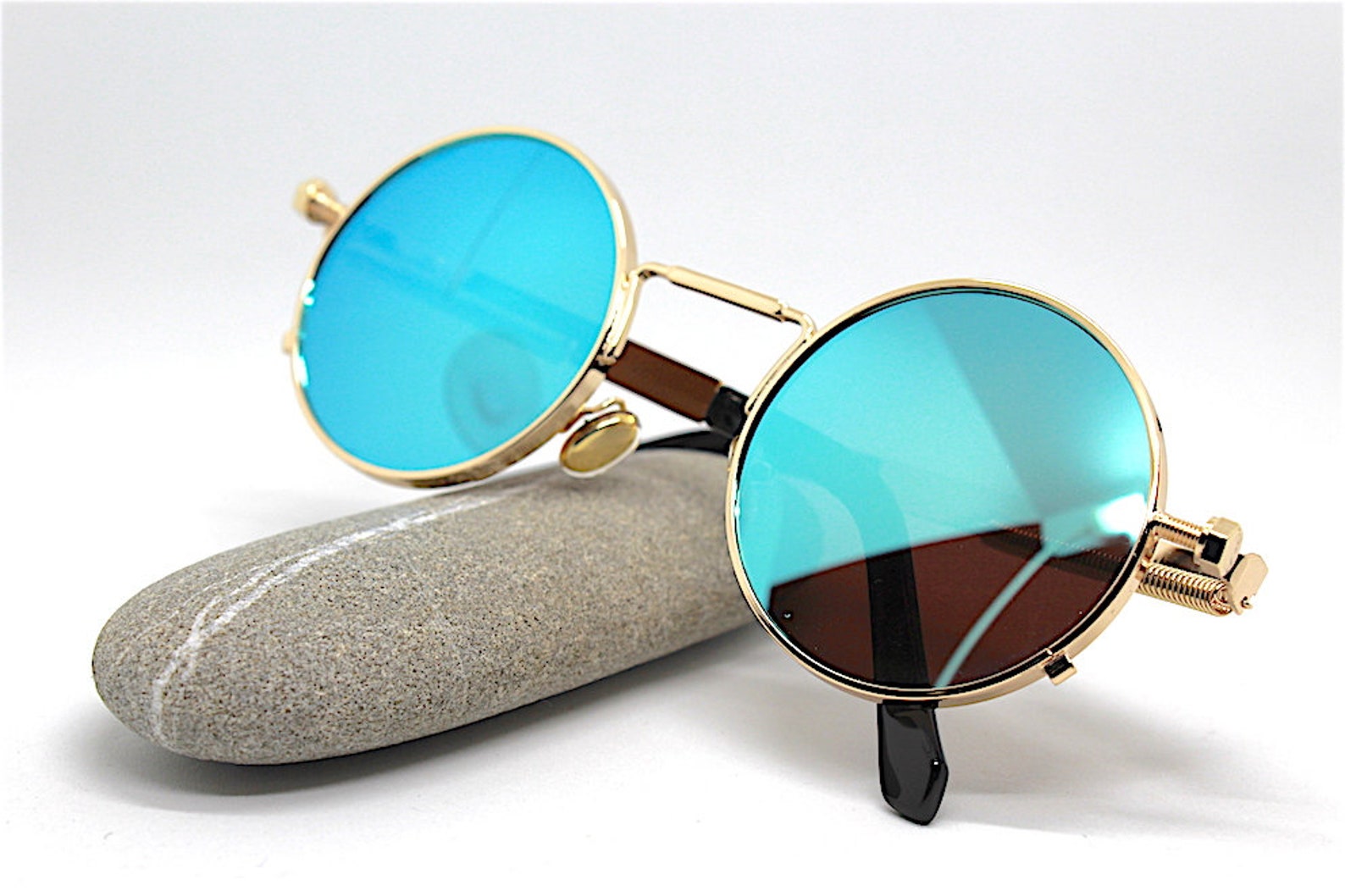 Round Sunglasses Man Woman Metal Gold Frame Mirror Blue Azure - Etsy