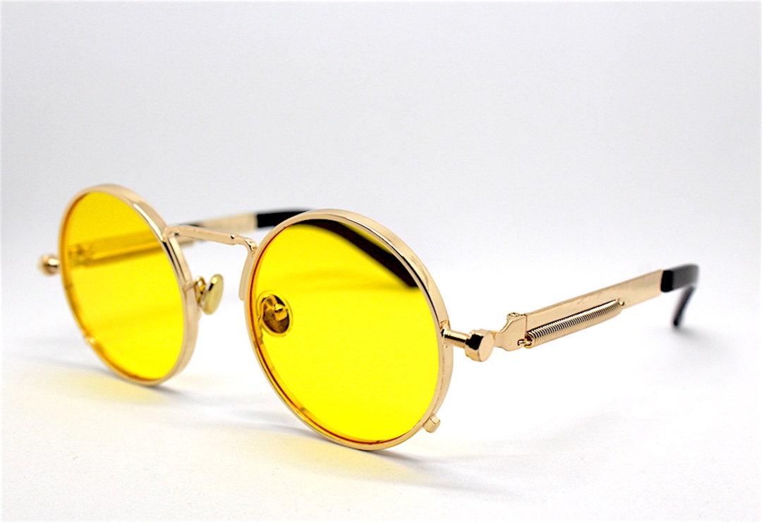 POLARIZED Steampunk Round Sunglasses Man Woman Gold Metal Frame YELLOW ...