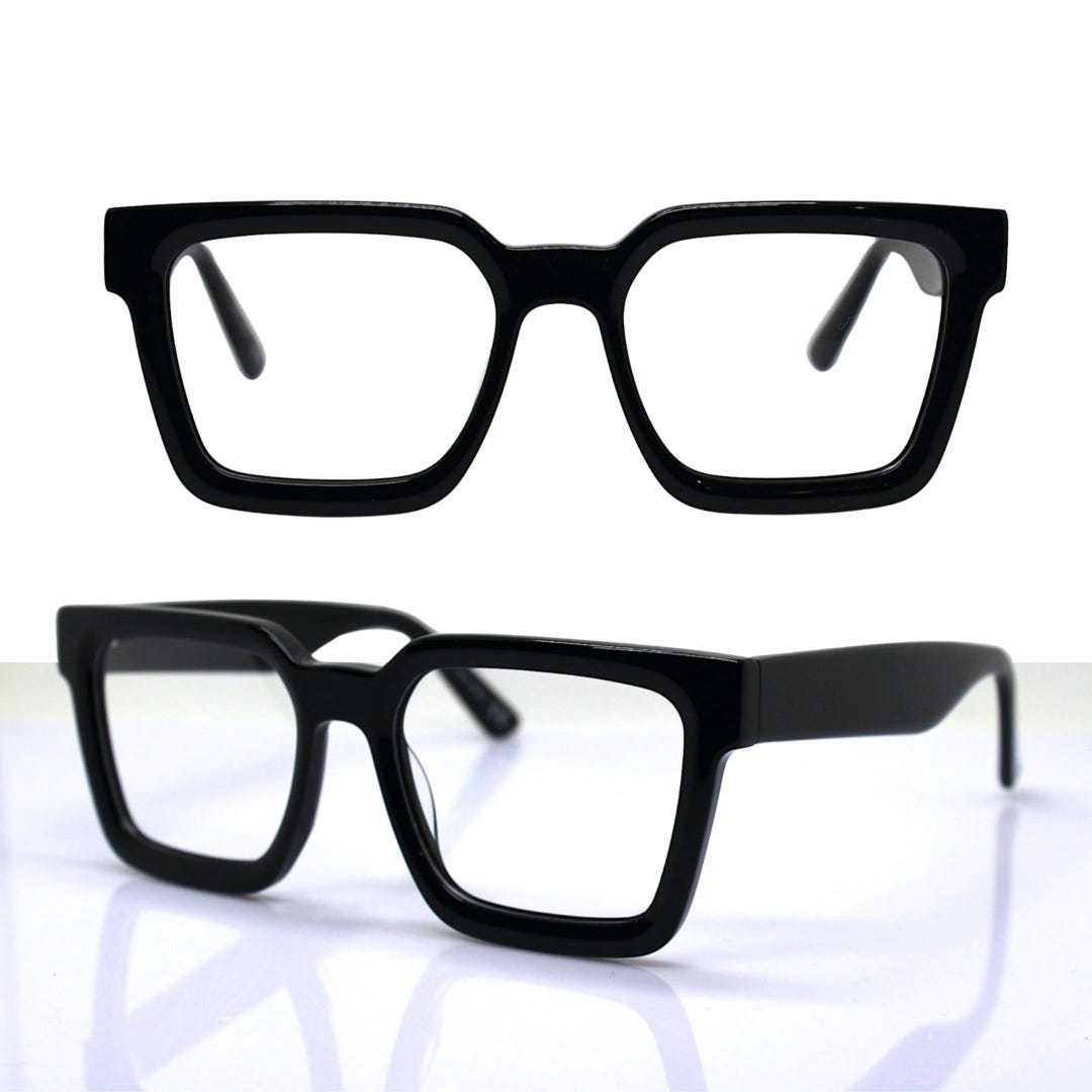 CLASSIC SQUARE EYEGLASSES: Thick Glossy Black Acetate Frame, Retro ...