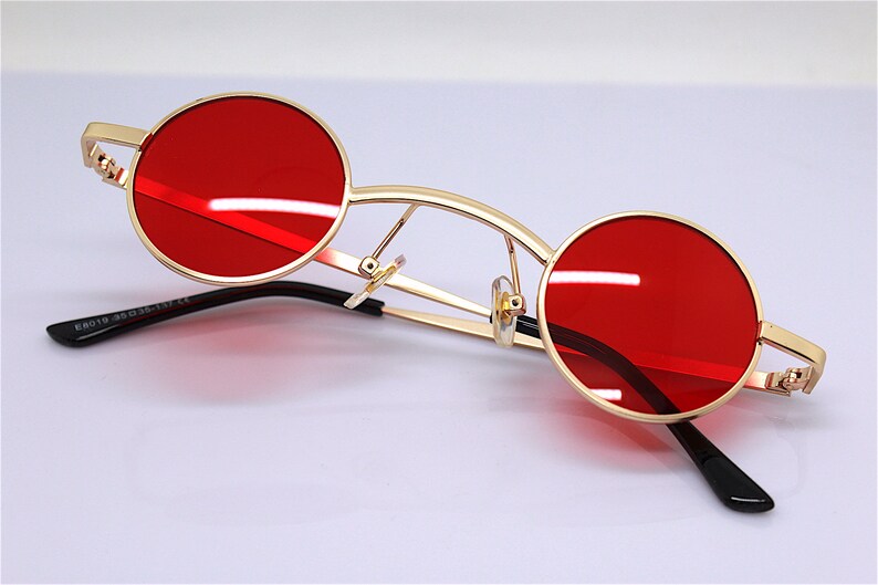 Small Round Sunglasses Man Woman Gold Frame Red Lens Steampunk | Etsy