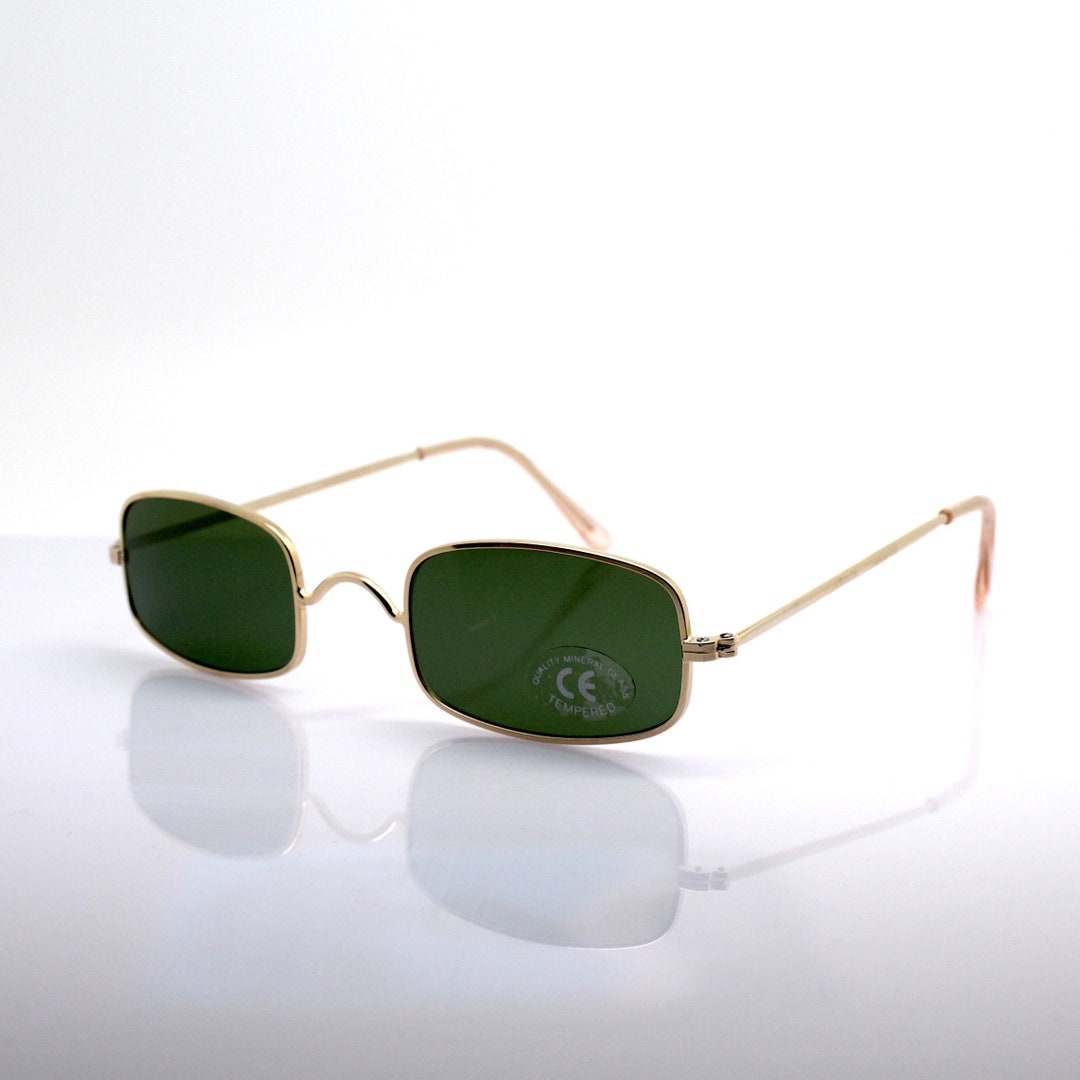SMALL RECTANGULAR SUNGLASSES Man Woman Gold Metal Frame Green Tempered ...