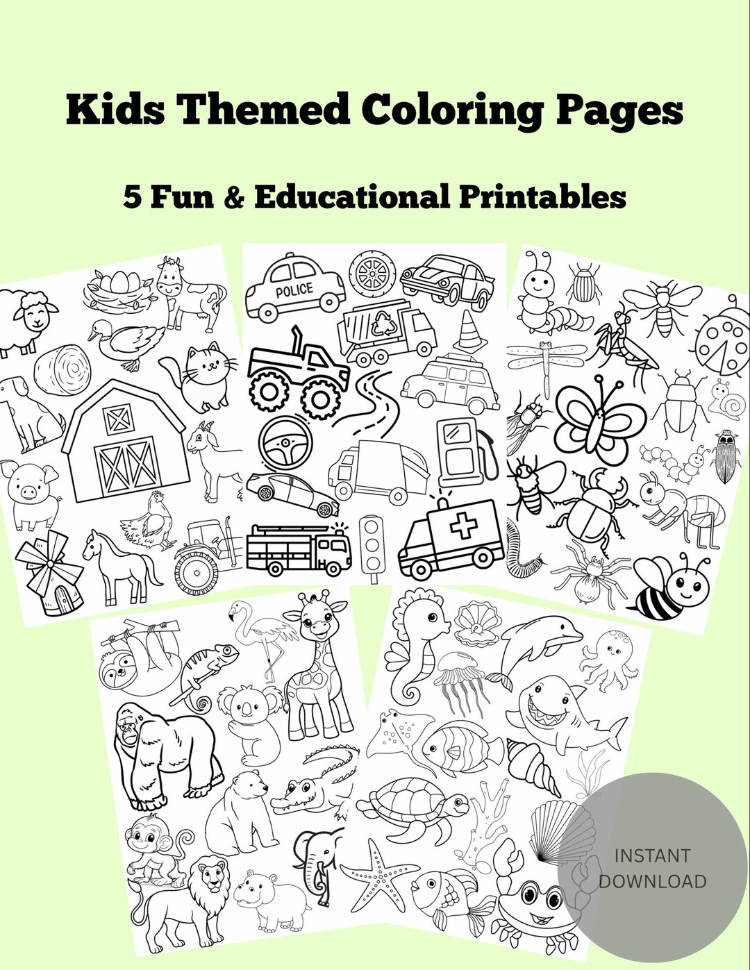 Kids Coloring Pages | Farm, Zoo, Bugs, Ocean and Vehicles | 5 Printable ...