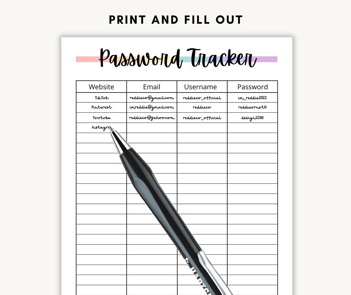 Password Tracker Printable Digital Download Password - Etsy