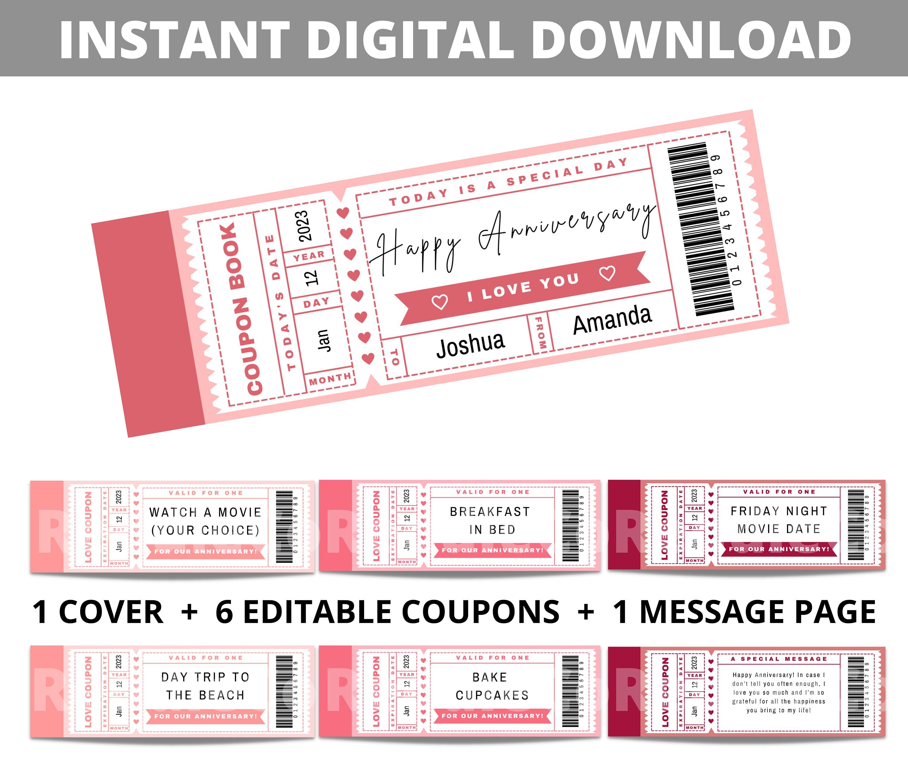 Anniversary Ticket Coupon Book Editable / Customizable Printable ...