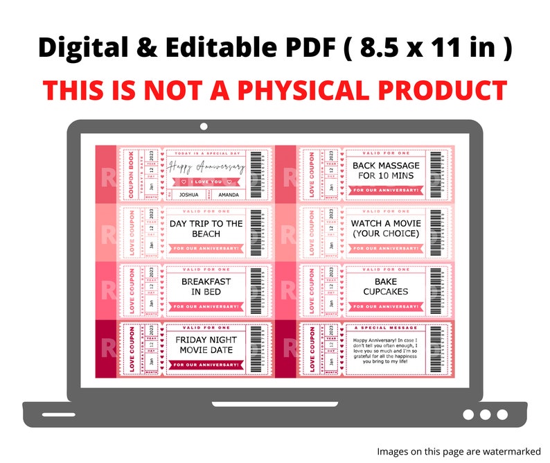 Anniversary Ticket Coupon Book Editable / Customizable Printable Template. DIY Digital File Gift ...