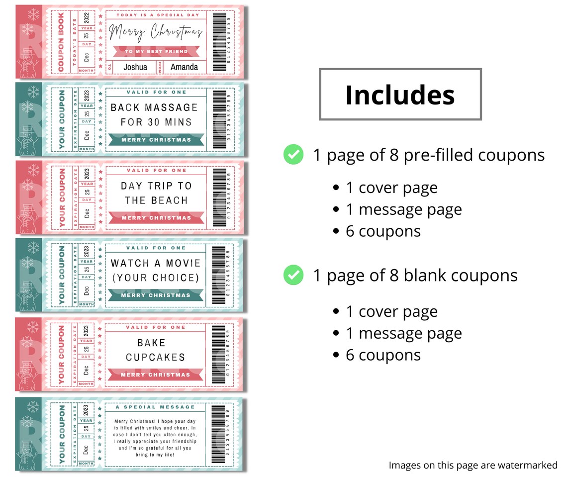 Digital Christmas Printable Customizable Coupon Book for Friends ...