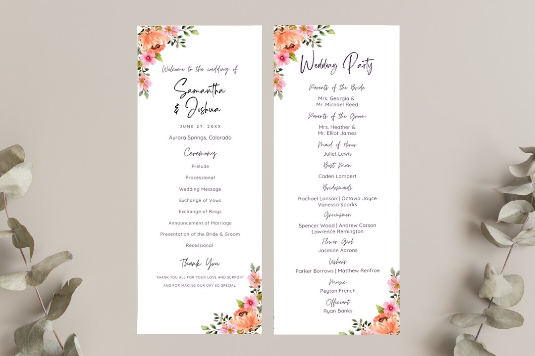 Flowery Wedding Program Template Floral Garden Bright - Etsy